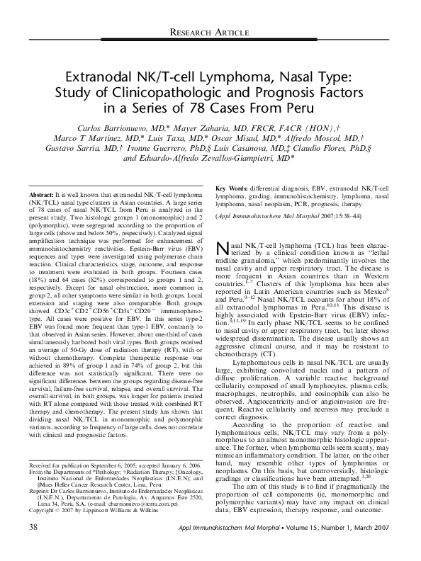 (PDF) Extranodal NK/T-cell Lymphoma, Nasal Type: Study of Clinicopathologic and Prognosis ...