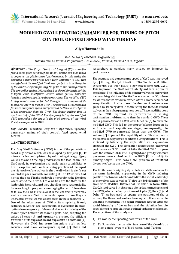 (PDF) MODIFIED GWO UPDATING PARAMETER FOR TUNING OF PITCH CONTROL OF FIXED SPEED WIND TURBINE