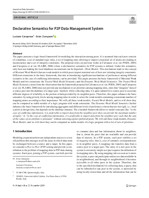 Pdf Declarative Semantics For P2p Data Management System