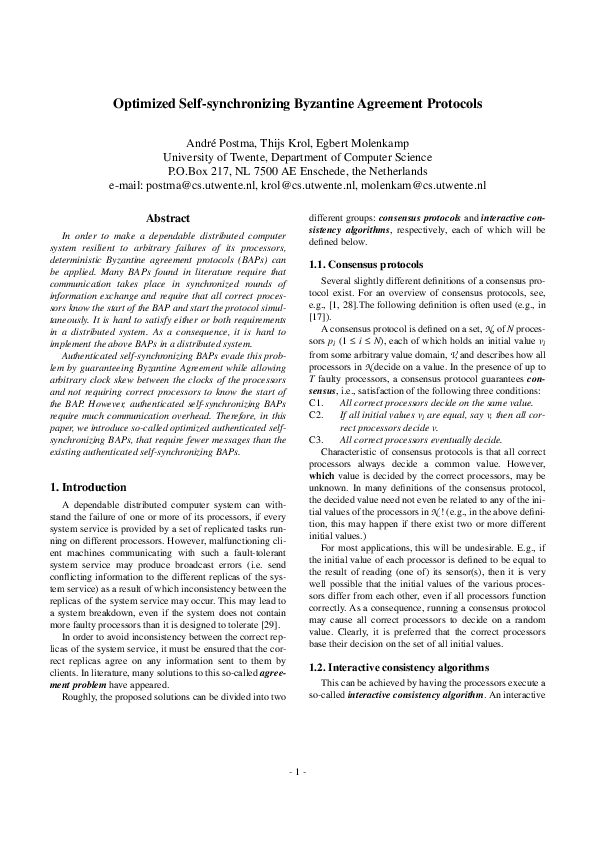 (PDF) Optimized Self-synchronizing Byzantine Agreement Protocols