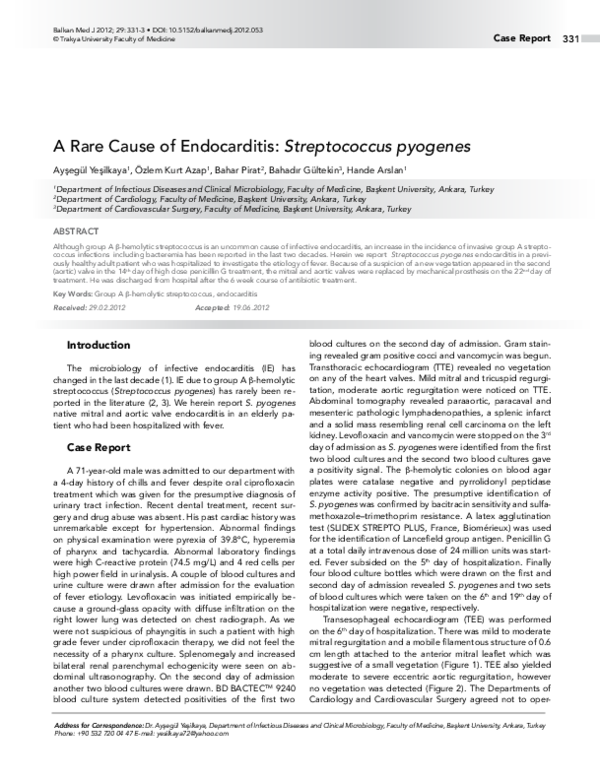 (PDF) A Rare Cause of Endocarditis: Streptococcus pyogenes | Bahadır ...