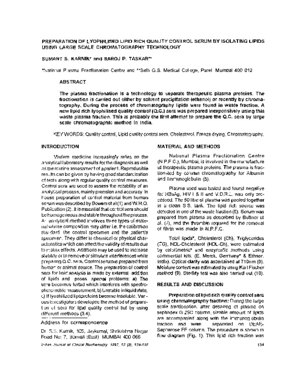 (PDF) Preparation of lyophilised lipid rich quality control serum by ...