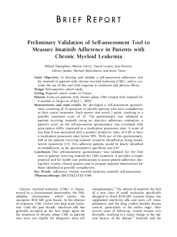 Pdf Preliminary Validation Of Self Assessment Tool To Measure Imatinib Adherence In Patients