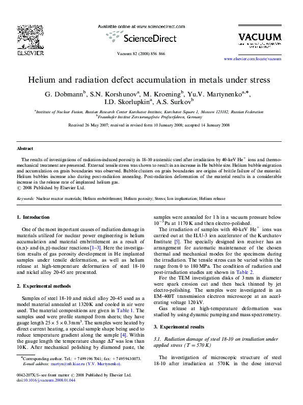(PDF) Helium and radiation defect accumulation in metals under stress