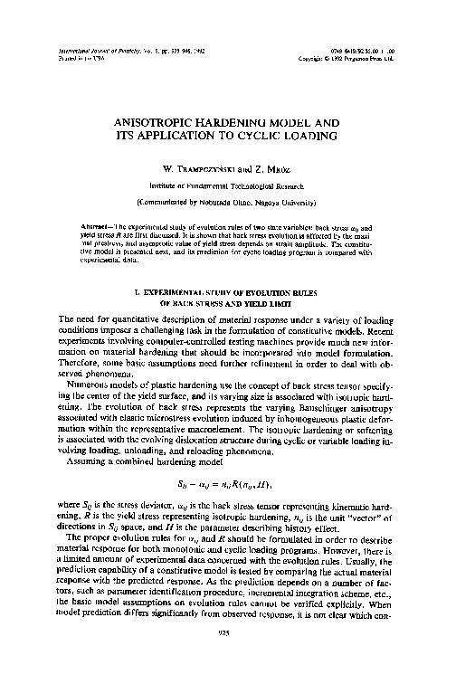 (PDF) Anisotropic hardening model and its application to cyclic loading | Zenon Mróz - Academia.edu