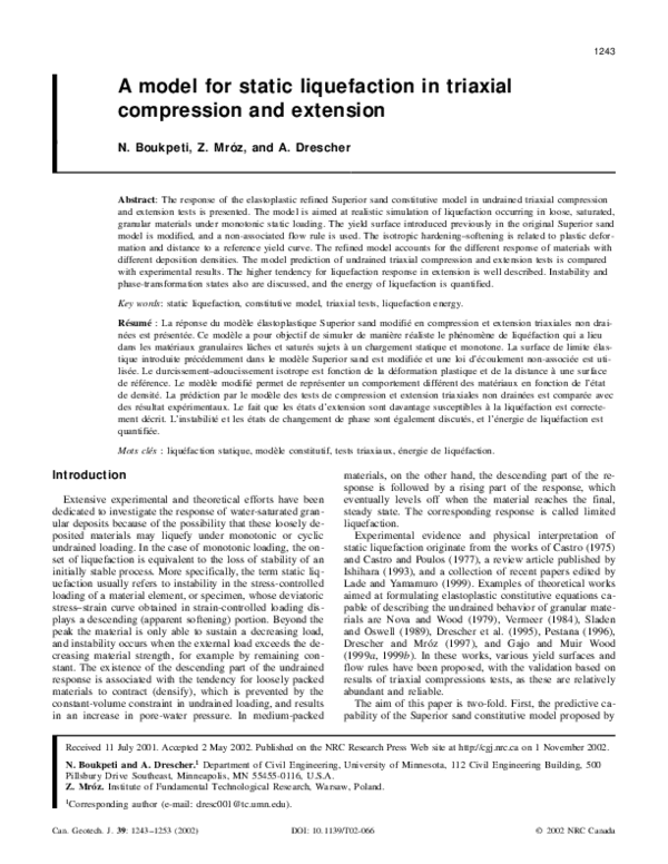 (PDF) A model for static liquefaction in triaxial compression and extension