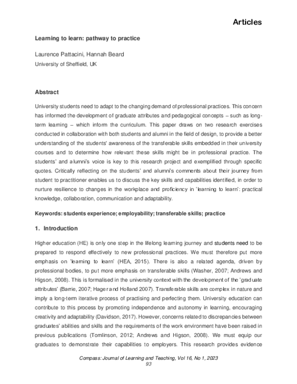 (PDF) Learning to learn: pathway to practice | Laurence Pattacini - Academia.edu