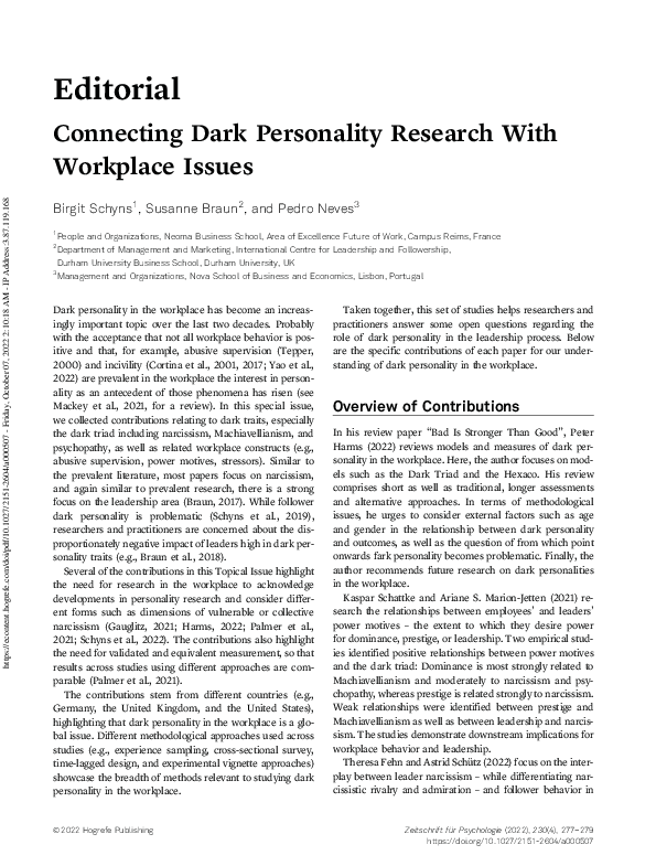 (PDF) Connecting Dark Personality Research With Workplace Issues