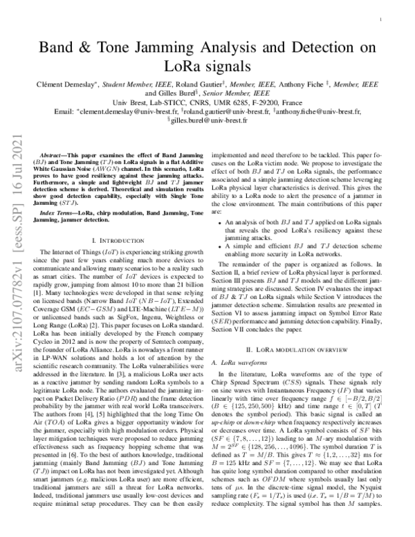 (PDF) Band&Tone Jamming Analysis and Detection on LoRa signals