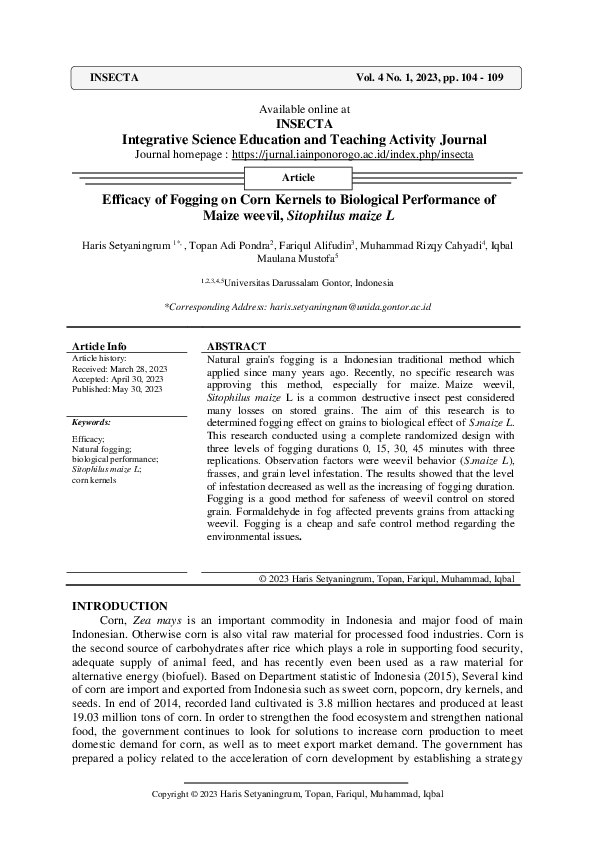 (PDF) Efficacy of Fogging on Corn Kernels to Biological Performance of ...