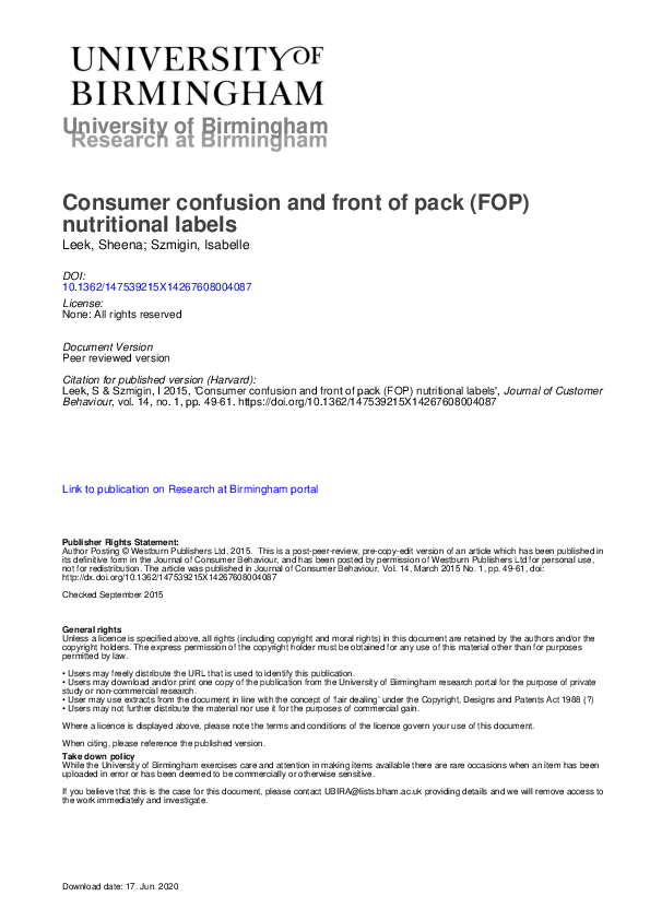 (PDF) Consumer confusion and front of pack (FoP) nutritional labels