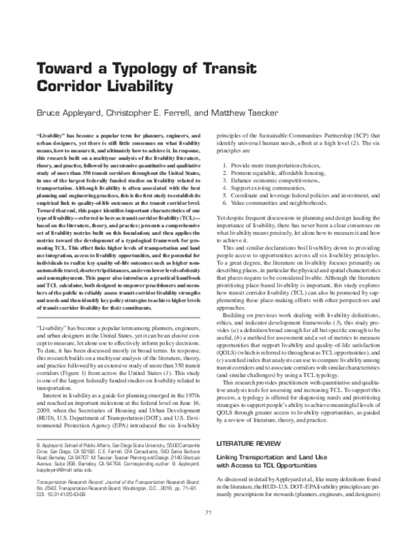 (PDF) Toward a Typology of Transit Corridor Livability