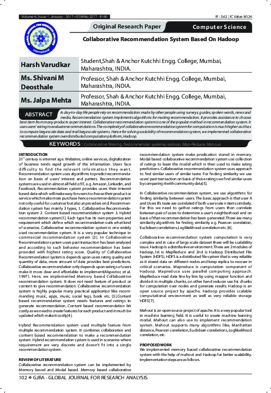 (PDF) Collaborative Recommendation System Based On Hadoop