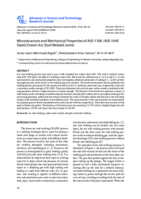 (PDF) Microstructure and Mechanical Properties of AISI 1106 /AISI 1045 Steels Drawn Arc Stud ...
