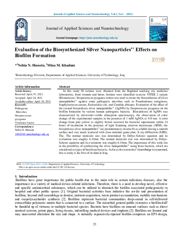(PDF) Evaluation of the Biosynthesized Silver Nanoparticles’’ Effects on Biofilm Formation