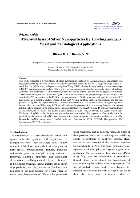 (PDF) Mycosynthesis of Silver Nanoparticles by Candida albicans Yeast and its Biological ...