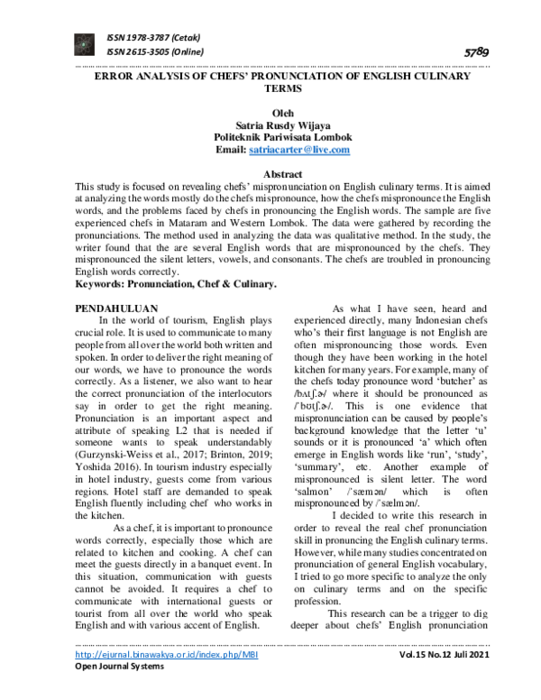 (PDF) Error Analysis of Chefs’ Pronunciation of English Culinary Terms