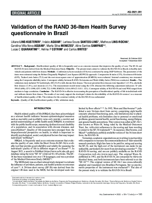 (PDF) Validation of the RAND 36-Item Health Survey questionnaire in ...