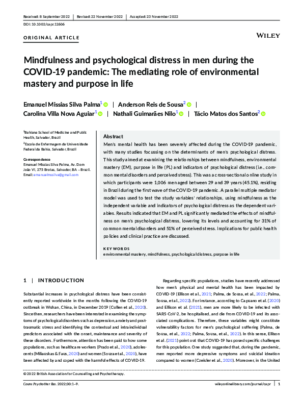 (PDF) Mindfulness and psychological distress in men during the COVID ‐19 pandemic: The mediating ...