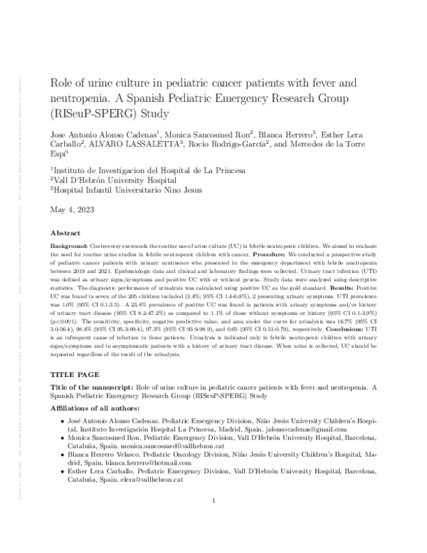 (PDF) Role of urine culture in pediatric cancer patients with fever and ...