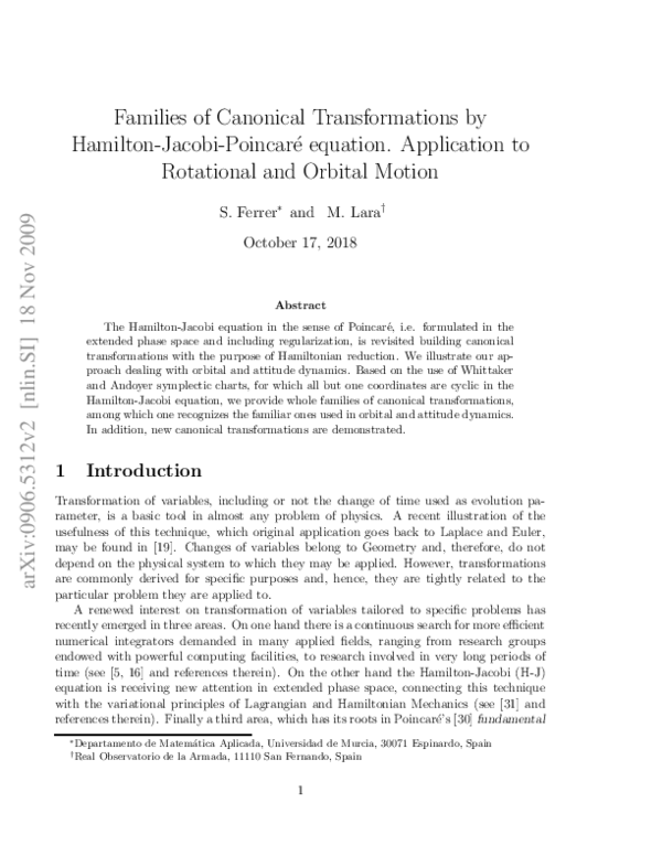 (PDF) Families of canonical transformations by Hamilton-Jacobi-Poincaré ...