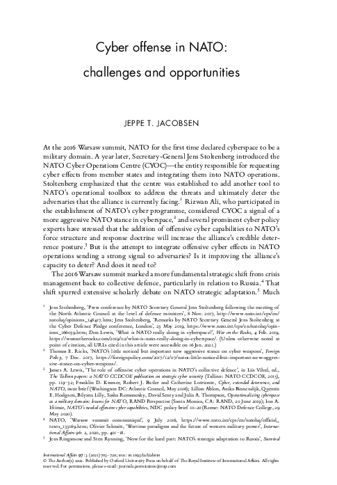 (PDF) Cyber offense in NATO: challenges and opportunities | Jeppe T. Jacobsen - Academia.edu