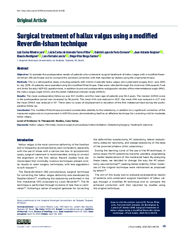 (PDF) Surgical treatment of hallux valgus using a modified Reverdin ...