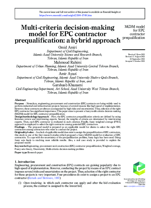 (PDF) Multi-criteria decision-making model for EPC contractor prequalification: a hybrid approach