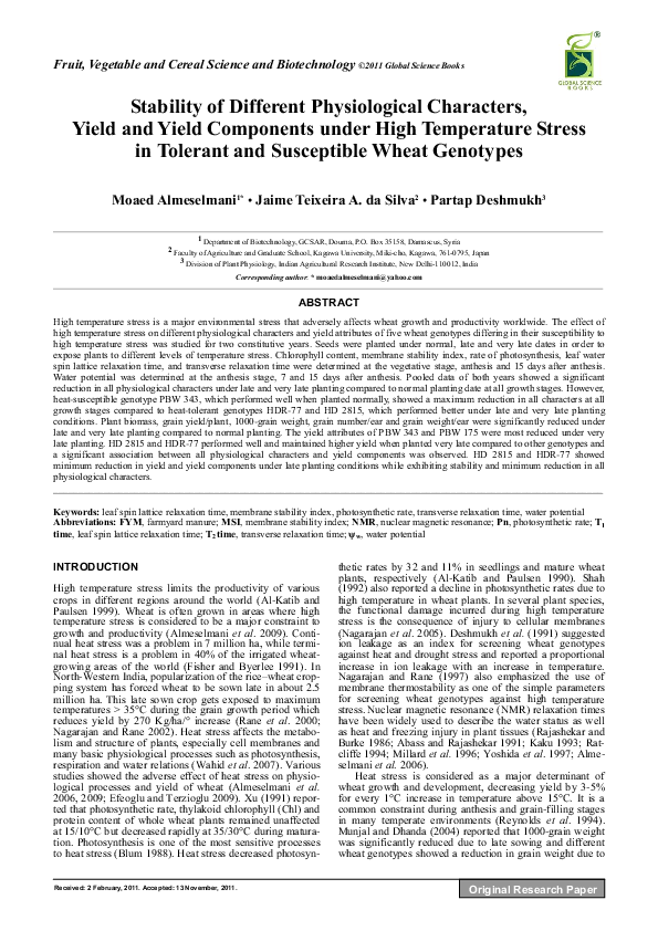 (PDF) Stability of Different Physiological Characters, Yield and Yield ...