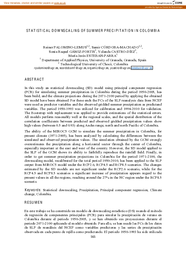 Pdf Statistical Downscaling Of Summer Precipitation In Colombia Yolanda Castro Díez