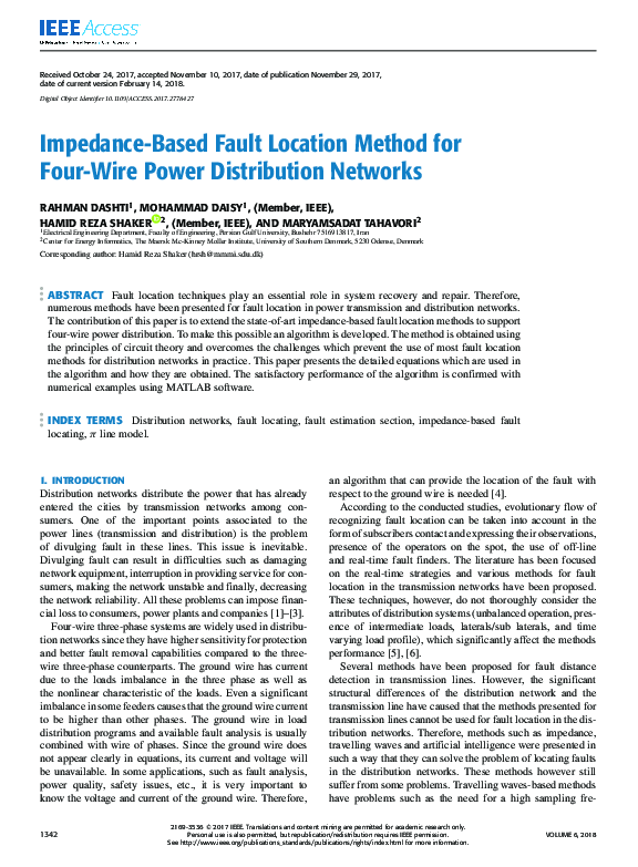 (PDF) Impedance-Based Fault Location Method for Four-Wire Power Distribution Networks | Mohammad ...
