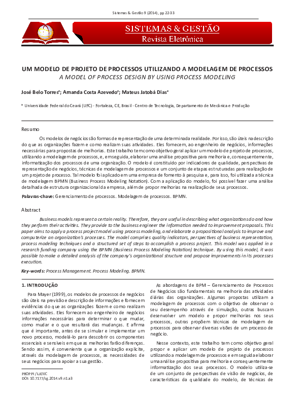 (PDF) Um Modelo de Projeto de Processos Utilizando a Modelagem de Processos