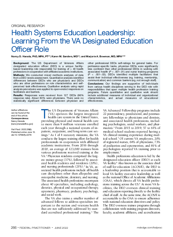 (PDF) Health Systems Education Leadership: Learning From the VA ...