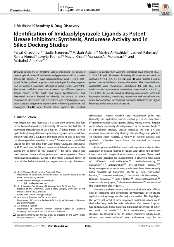 (PDF) Identification of Imidazolylpyrazole Ligands as Potent Urease ...