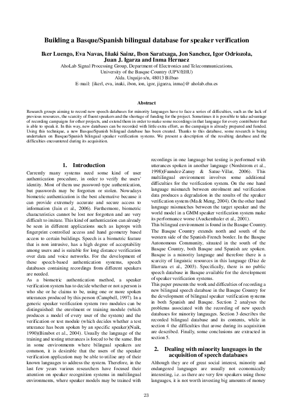 (PDF) Building a Basque/Spanish bilingual database for speaker verification