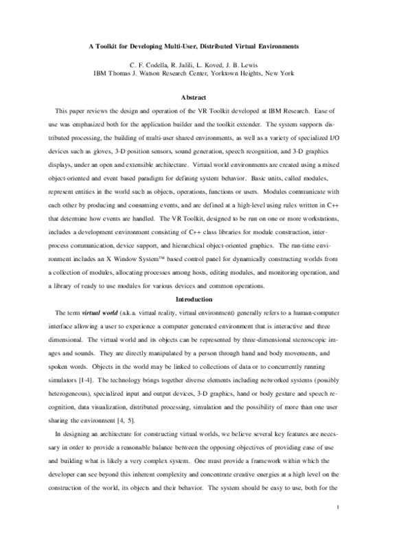 (PDF) A toolkit for developing multi-user, distributed virtual environments