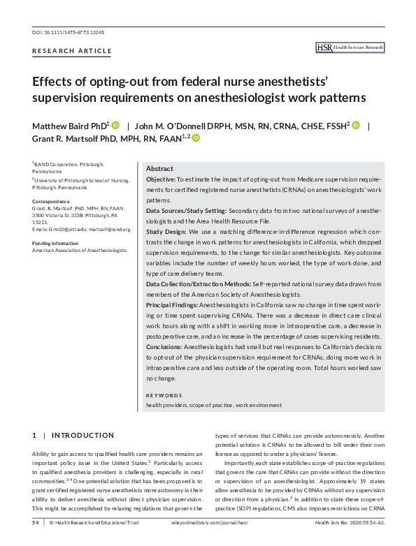 (PDF) Effects of opting‐out from federal nurse anesthetists ...