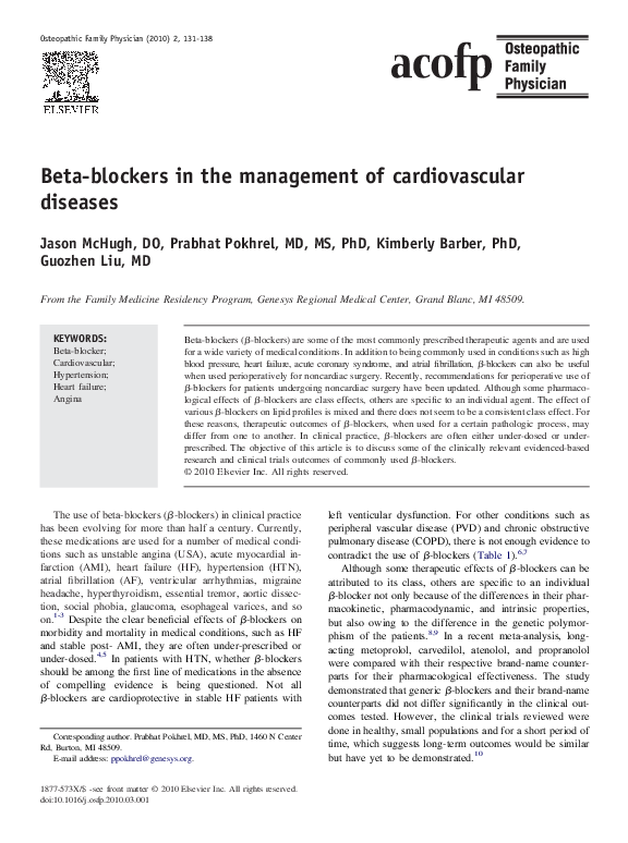 (PDF) Beta-blockers in the management of cardiovascular diseases