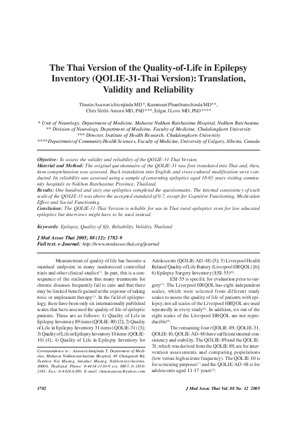 (PDF) The Thai version of the quality-of-life in epilepsy inventory (QOLIE-31-Thai version ...