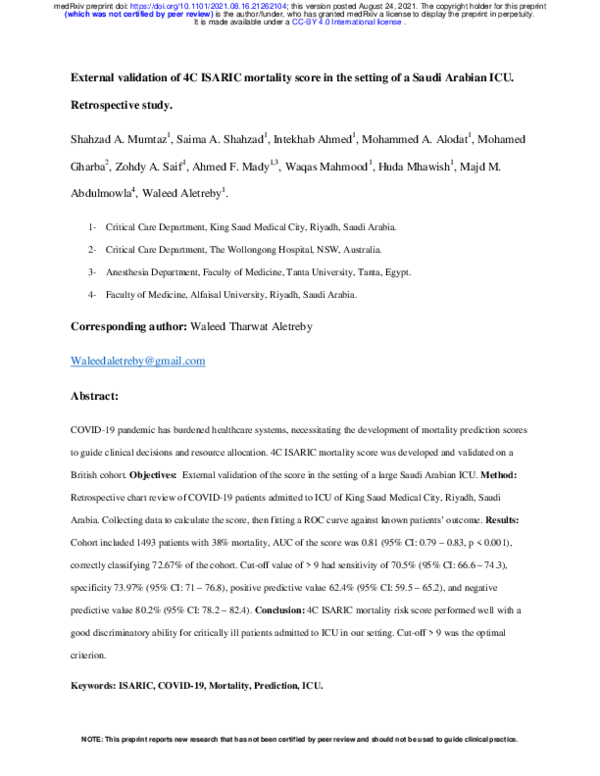 (PDF) 4C ISARIC Mortality Score Validation in Saudi ICU