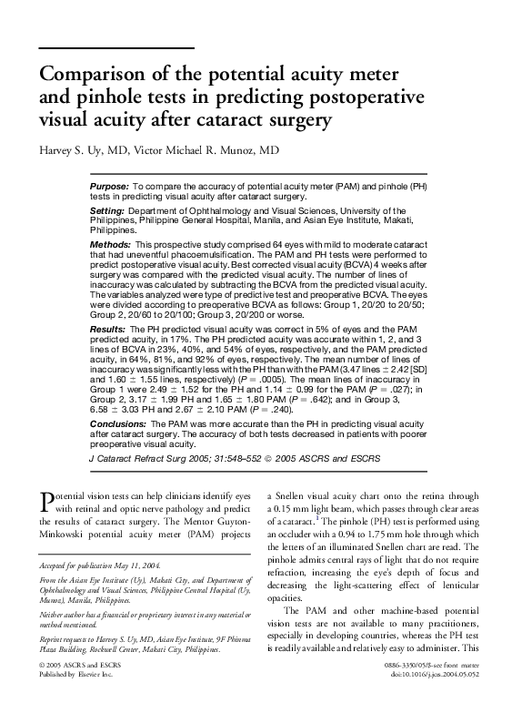 (PDF) Comparison of the potential acuity meter and pinhole tests in ...