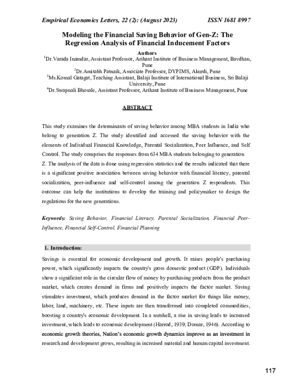 (PDF) Modeling the Financial Saving Behavior of Gen-Z: The Regression Analysis of Financial ...