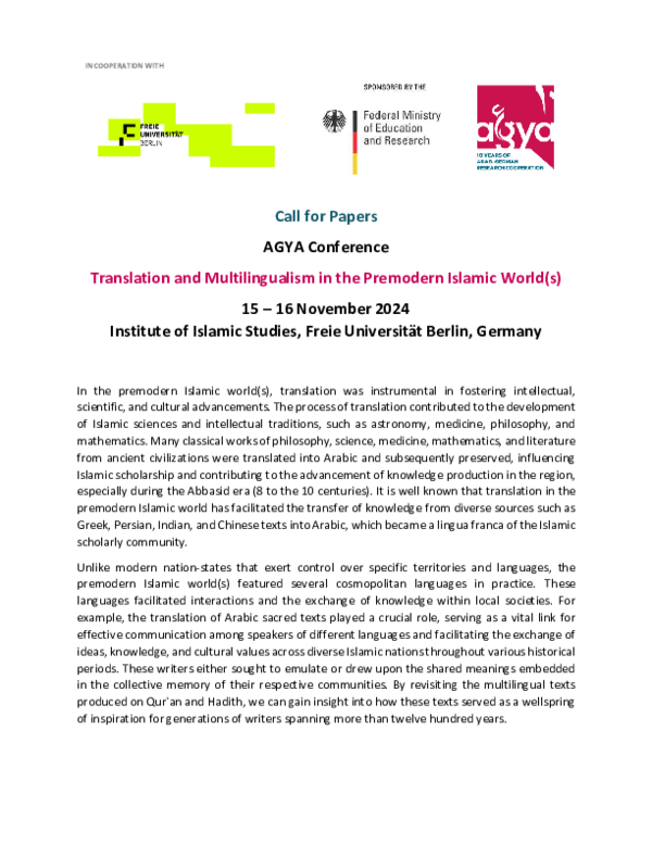 (PDF) Call for Papers: Translation and Multilingualism in the Premodern ...