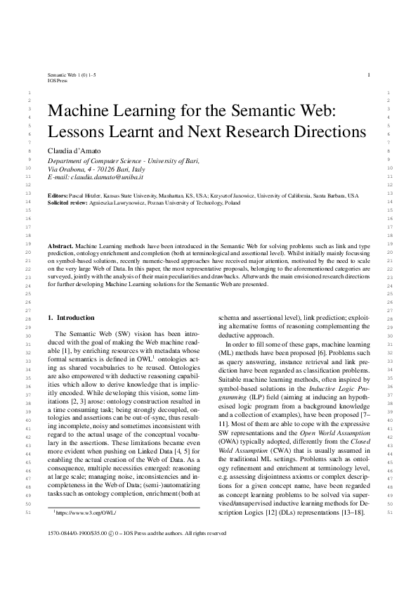(PDF) Machine Learning for the Semantic Web: Lessons learnt and next ...