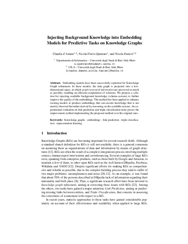 Pdf Injecting Background Knowledge Into Embedding Models For Predictive Tasks On Knowledge Graphs 