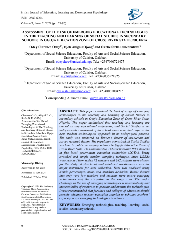 (PDF) ASSESSMENT OF THE USE OF EMERGING EDUCATIONAL TECHNOLOGIES IN THE TEACHING AND LEARNING OF ...