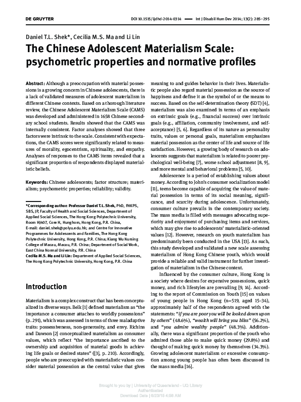 (PDF) The Chinese Adolescent Materialism Scale: psychometric properties ...