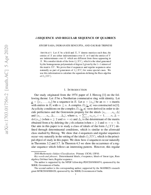 (PDF) $d$-sequence and Regular sequence of Quadrics