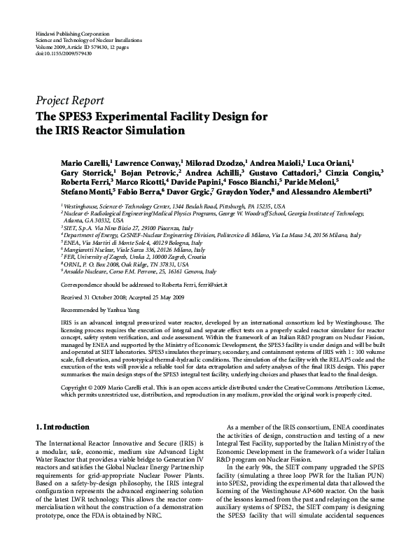 (PDF) SPES-3 Experimental Facility Design for IRIS Reactor Integral Testing