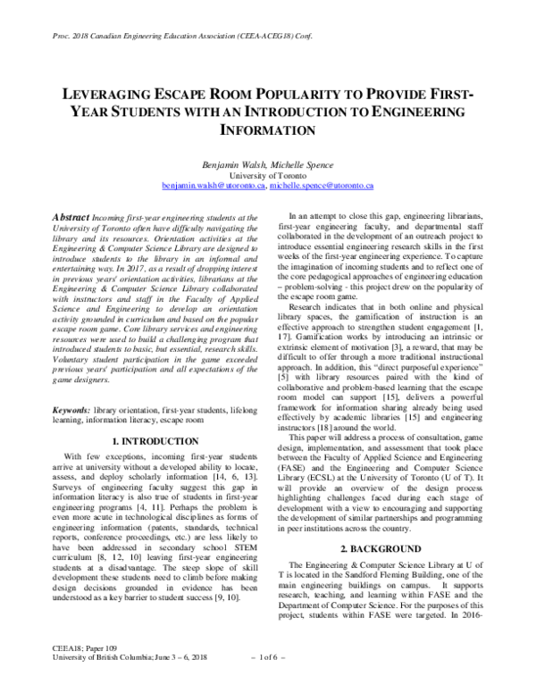 (PDF) Leveraging Escape Room Popularity to Provide First-Year Students ...